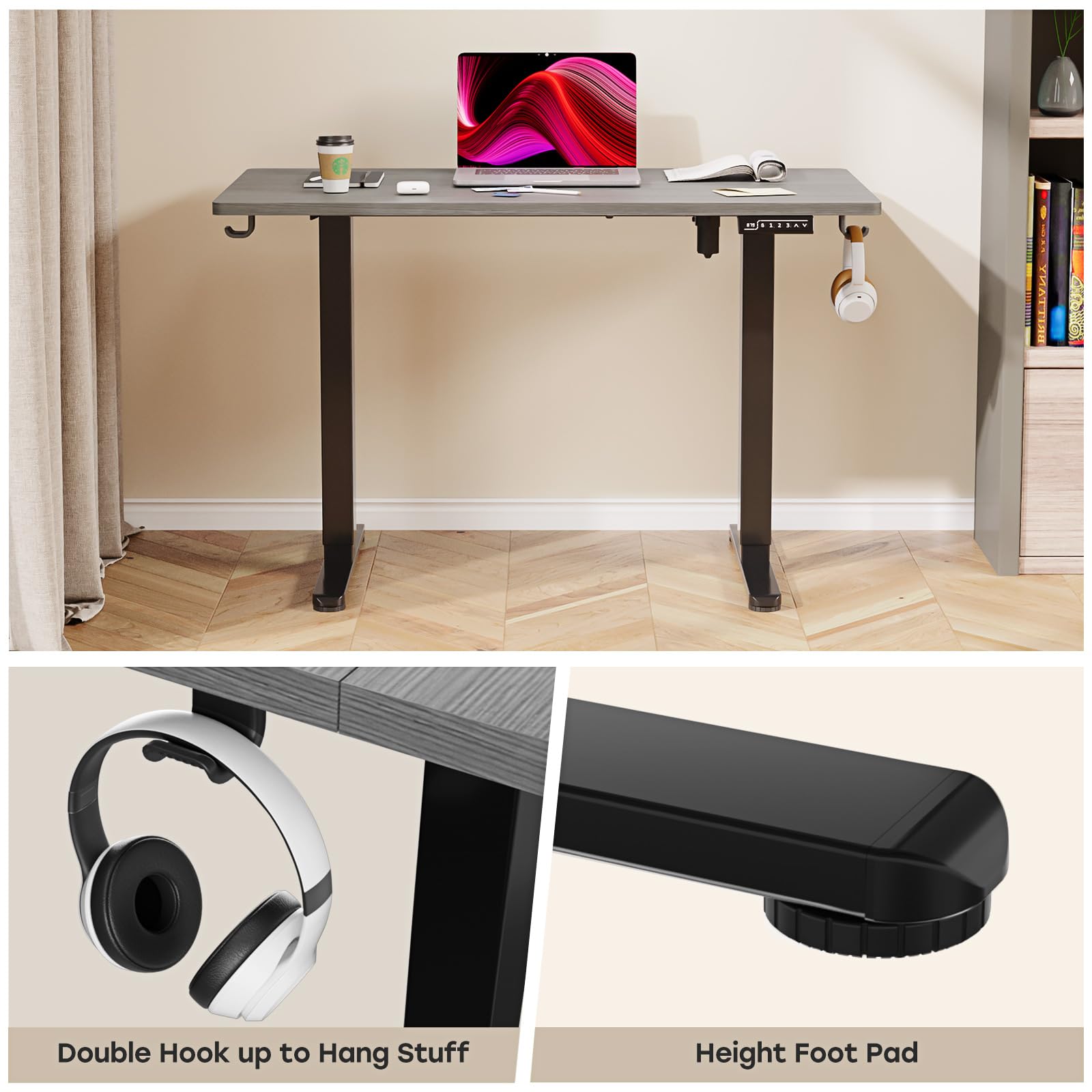 JYLH JOYSEEKER Grey Standing Desk, 48 X 24 Inch Adjustable Height Electric Desk, Sit Stand Desk with 2 Hooks, Ergonomic Rising Desk with Splice Board