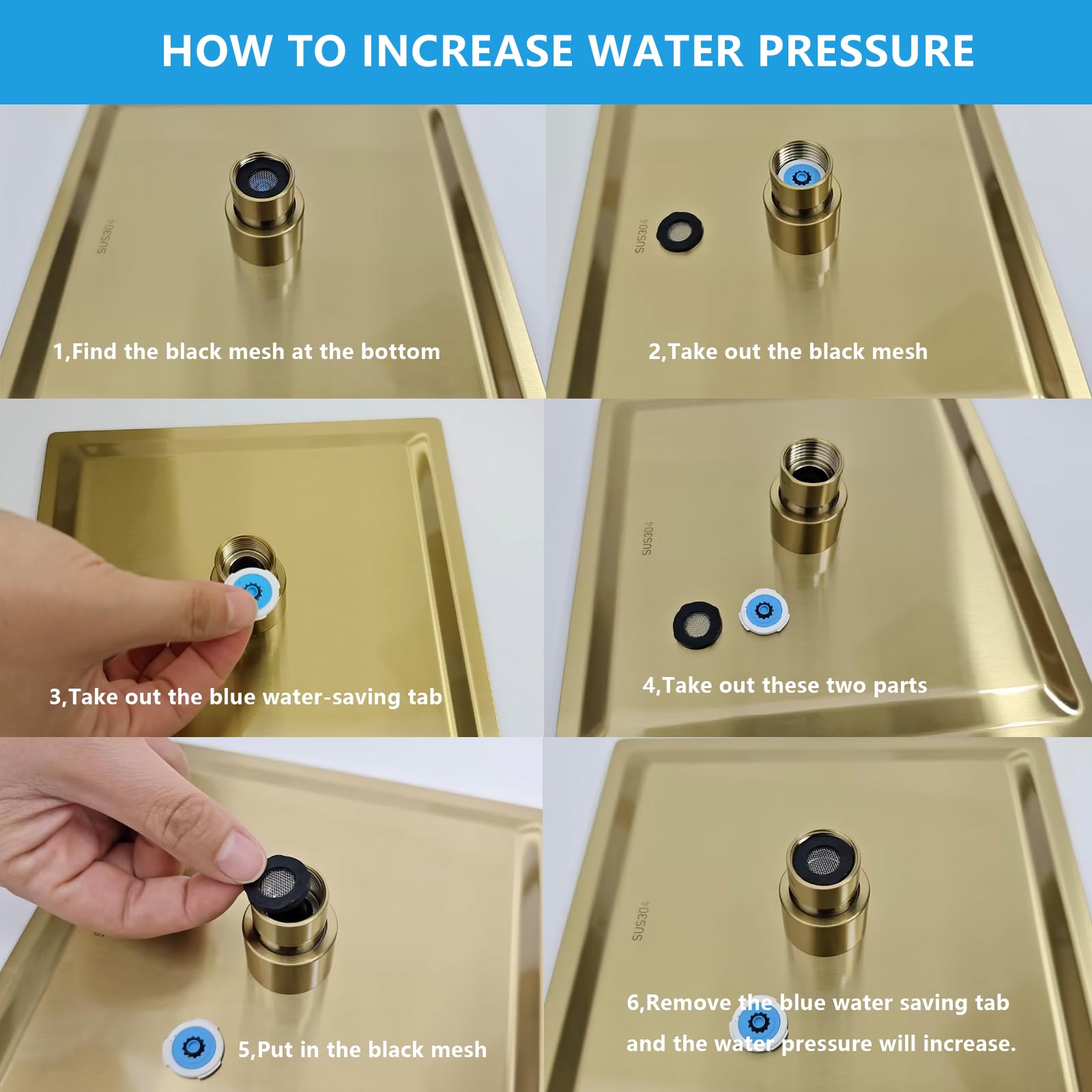 Lordear Gold Rain Shower Head 16 Inch Square Rainfall High Pressure Stainless Steel Rainfall Shower Head 360° Rotation Shower Head Waterfall Showerhead with Silicone Nozzle