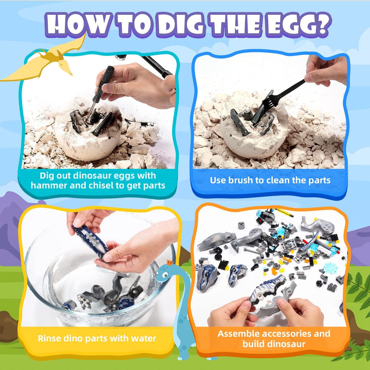 Eaglestone Dinsoaur Easter Eggs Toys for Kids, 163 PCS Building Blocks Set,Excavation Dino Egg for Easter Basket Stuffers/Fillers, Educational STEM Science Kit Toy for Boys and Girls 6 7 8 9 10