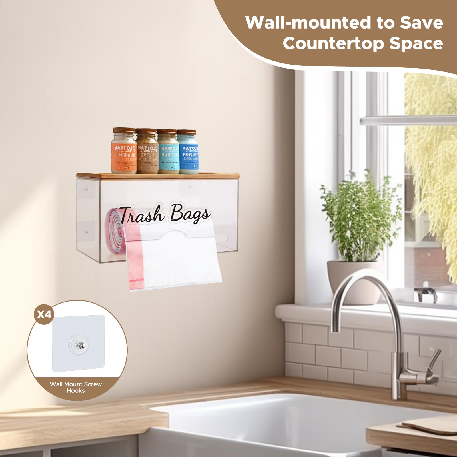 JYPS Trash Bag Holder Dispenser Organizer With Bamboo Lid, Wall Mounted, Garbage Bag Dispenser Holder, Trash Bag Dispenser Standrad Roll Holder for Kitchen Organization, Under Sink