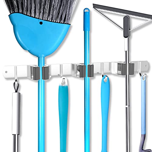 Hanjaytop Mop and Broom Organizer Wall Mounted, Stainless Steel Heavy Duty Garden and Kitchen Garage Tool Organizer Wall Holder for Home Goods (3 Racks 4 Hooks)