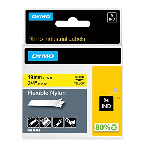 DYMO Rhino Industrial Flexible Nylon Labels, 3/4" x 11.5', Black Print on Yellow Tape