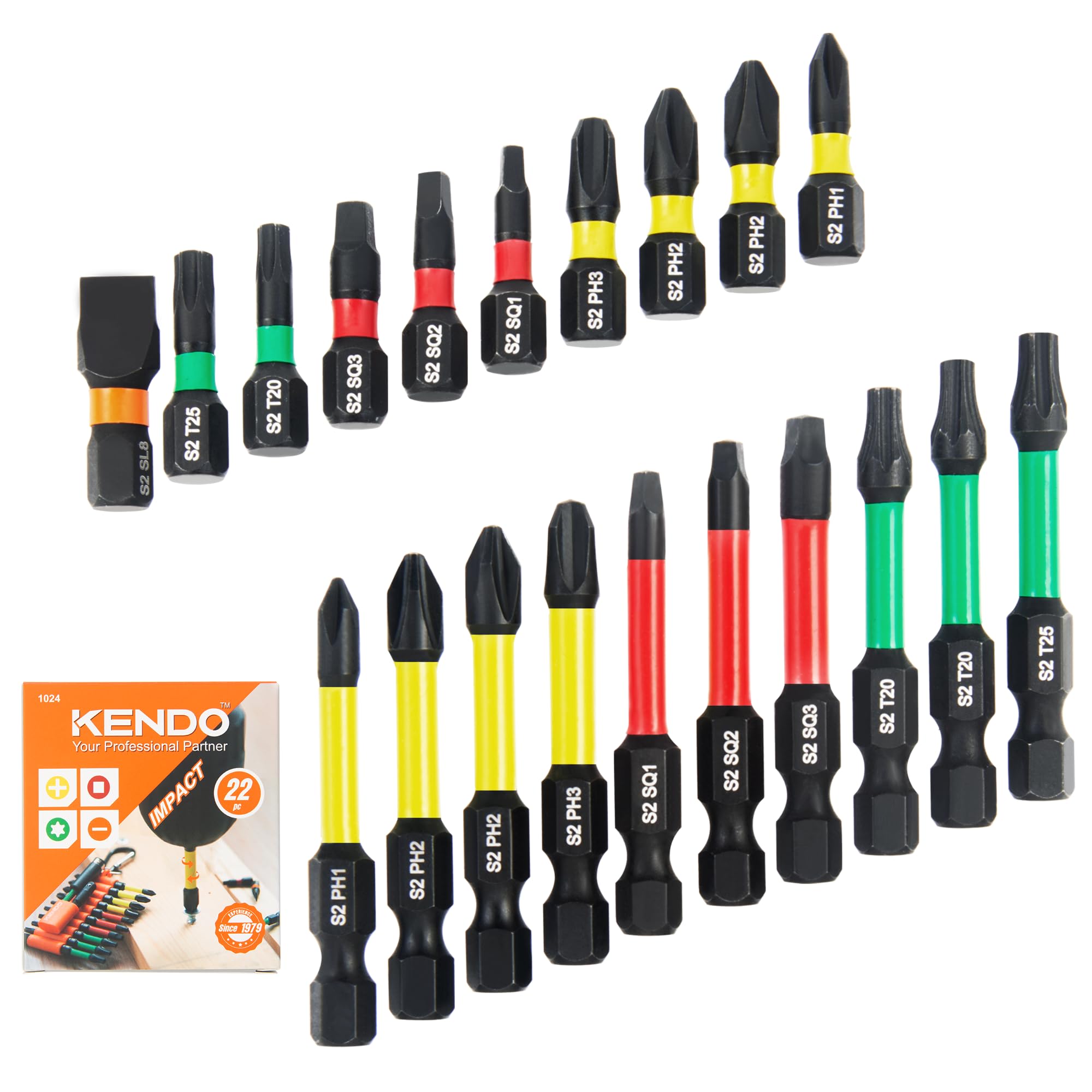 KENDO 22 Piece Impact Hex Head Wrench Bit Set with Magnetic CNC Machined Tip, 1/4 Hex Shank S2 Steel Hex Bits, 2" Long, 20+1 Pack (Metric and SAE)