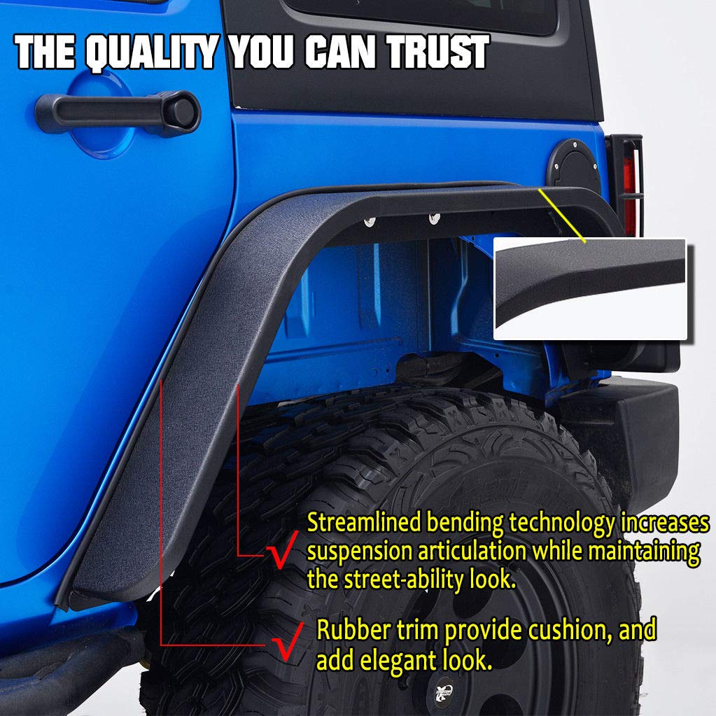 EAG Front + Rear Fender Flares Steel Flat Style 4PCS Fit for 07-18 Wrangler JK