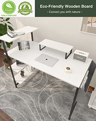 Innerjoin 47 inch Computer Desk with Shelves, Home Office Desk with Monitor Stand, 4 Tier Shelves, Storage Bag, Metal Frames, White