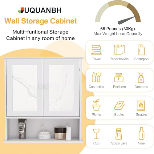 JUQUANBH Bathroom Wall Cabinet, Medicine Cabinets for Bathroom with Doule Mirror Doors 3 Open Shelf, Wooden Bathroom Storage Cabinet