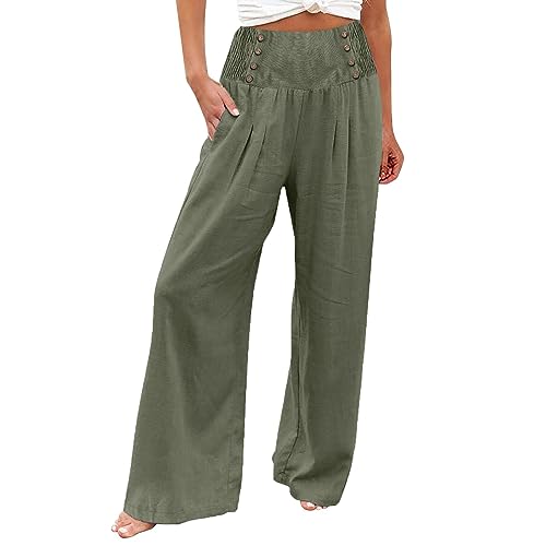 Women's Cotton Linen Pants Summer Button Trim High Waisted Wide Leg Pant Loose Dress Pant Trousers with Pocket Sweatpants Women Khaki Pants Y2k Pants Casual Pants Women Yoga Pants for Women