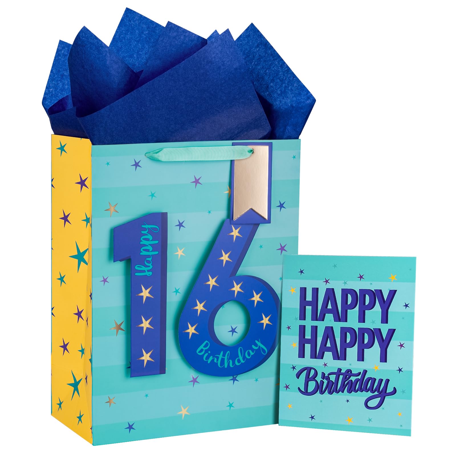 Loveinside Birthday Blue Gift Bag with Tissue Paper, Gift Tag and Greeting Card for Birthday, Party, Baby Shower and More - 10" x 5" x 13", 1 Pcs - 16 Years Old Birthday Boy