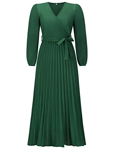 Women's Elegant Wrap V Neck Lantern Sleeve Belted Pleated Flowy Maxi Long Dress Wedding Guest Dress