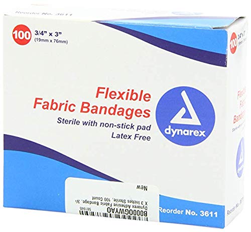 Dynarex Fabric Adhesive Bandages - Sterile & Flexible Fabric Bandages for Wounds - Non-Stick Pads - Individually-Wrapped First Aid Supplies - No Latex - 3/4x3", 100 Count(Pack of 1)