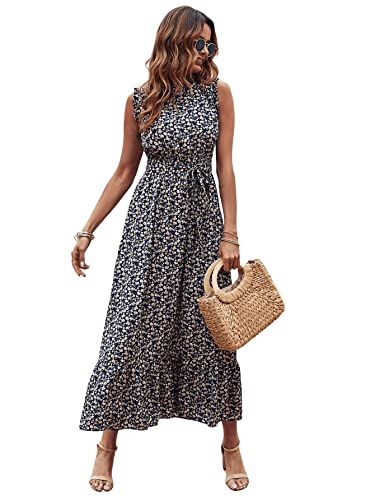 SweatyRocks Women's Floral Sleeveless Ruffle Hem A Line Midi Dress Mock Neck Belted Dresses Blue White S
