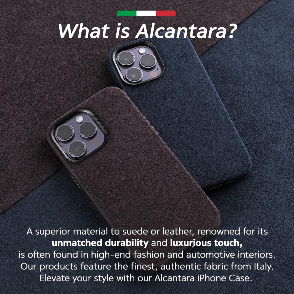Deppa Full Body Alcantara case for iPhone 14 Pro Max (6.7') Shockproof Suede Cover with Magsafe Wireless Charging [Genuine Italian Alcantara] Enhanced Camera Protection| (Brown)
