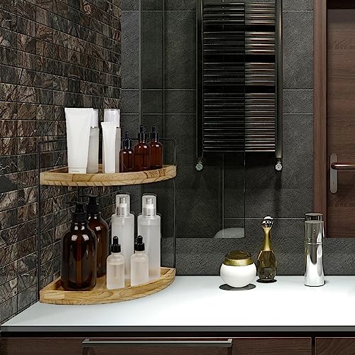 NACIMAX 2 Tier Corner Bathroom Organizer Countertop, Bathroom Counter Corner Shelf, Wood Bathroom Counter Corner Organizer, Light Brown