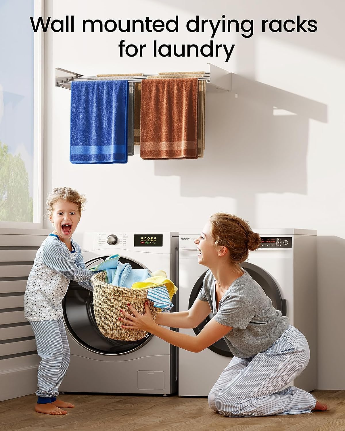 MrToNo Laundry Drying Rack Collapsible, Wall Mounted Drying Rack, Clothes Drying Rack, Retractable Drying Rack,13.2 Linear Ft, 5 Aluminum Rods, 60 lb Capacity (White, 40'')