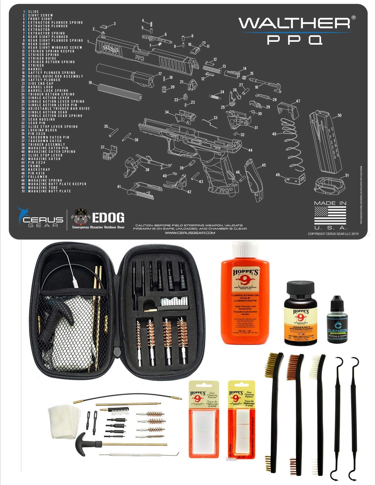 EDOG PPQ Range Warrior 27 Pc Gun Cleaning Kit - Compatible with Walther PPQ - Schematic (Exploded View) Mat, Range Warrior Universal .22 9mm - .45 Kit & Tac Book Accessories Set