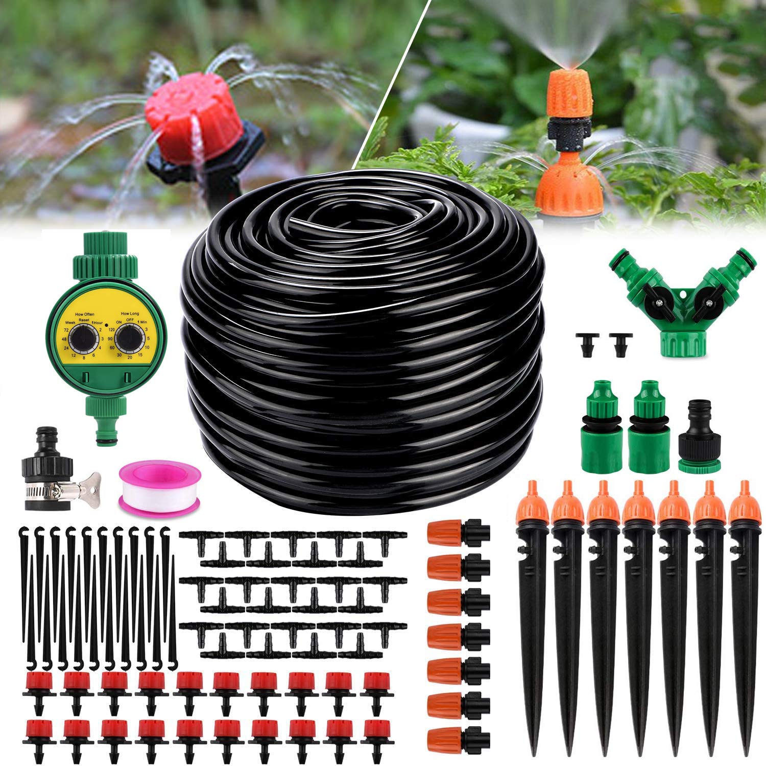 Drip Irrigation Kit, 82ft Automatic Micro Garden Irrigation System with Water Timer 1/4 Inches Blank Distribution Tubing Hose Adjustable Sprinkler Watering Drip Set