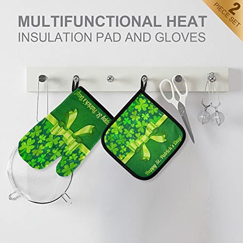 Green Saint Patrick's Day Ribbon Oven Mitts Pot Holder Sets 2pcs Spring Shamrock Leaves Non-Slip Kitchen Heat Resistant Hot Pads for Women Cooking Gloves Baking Wear BBQ