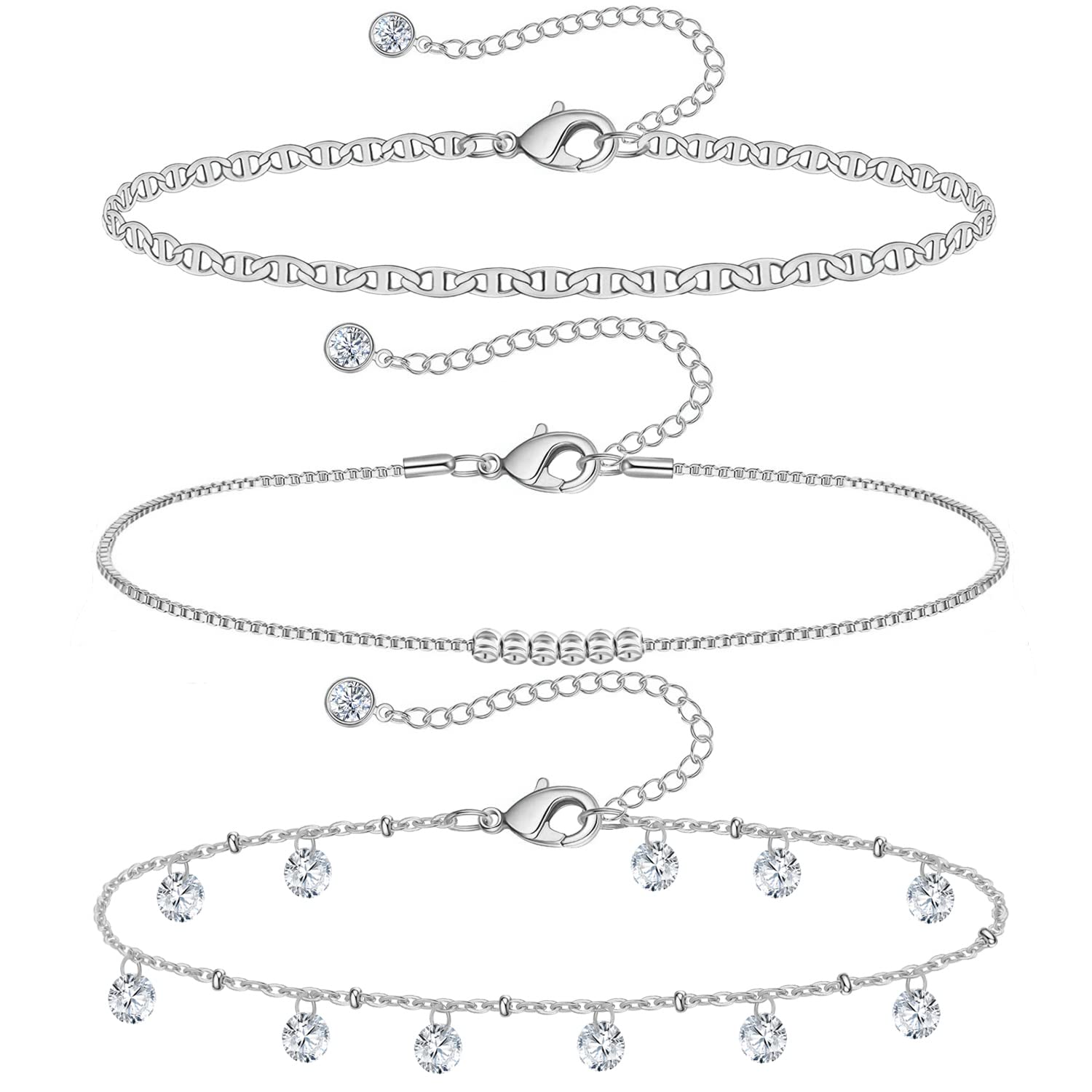 Diamond Gold Ankle Bracelets for Women 14k Gold Plated Anklet Silver Crystal Cubic Zirconia Anklet Flat Mariner Satellite Beaded Chain Dainty Layered Anklet Set 3Pcs
