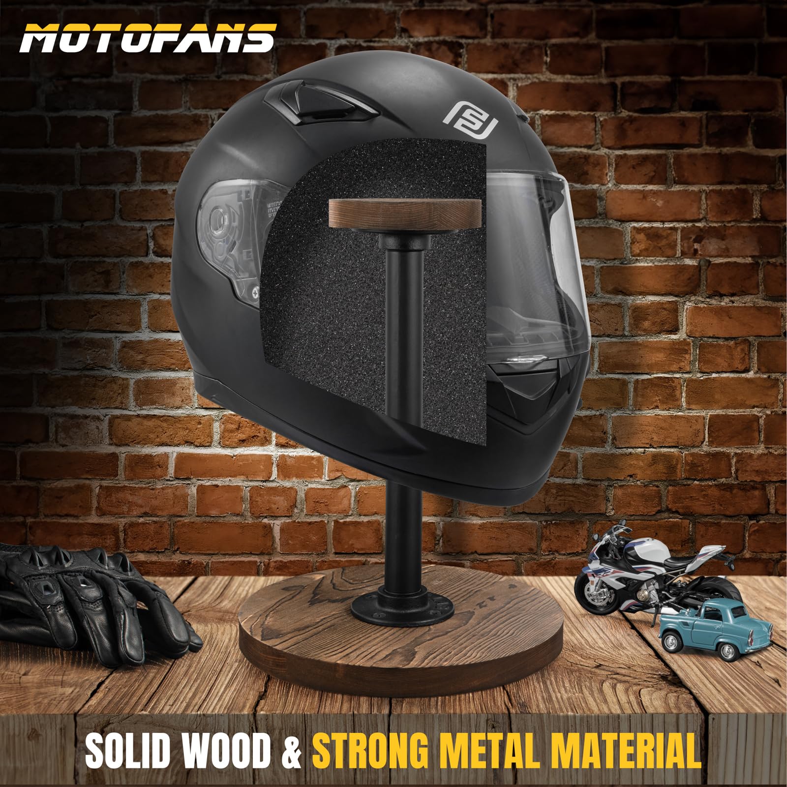 motofans® Industrial Style Helmet Stand, Rustic Burnt Solid Wood and Black Metal Pipe Cap and Wig Display Stand(1pcs)