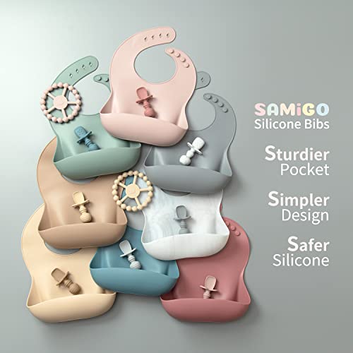 SAMiGO Baby Led Weaning Supplies - Silicone Baby Feeding Set - Suction Bowl Divided Plate Bib Cup Self Feeding Spoons - Toddler Baby Dish Set - First Stage Solid Food Eating Utensils - 6+ Months