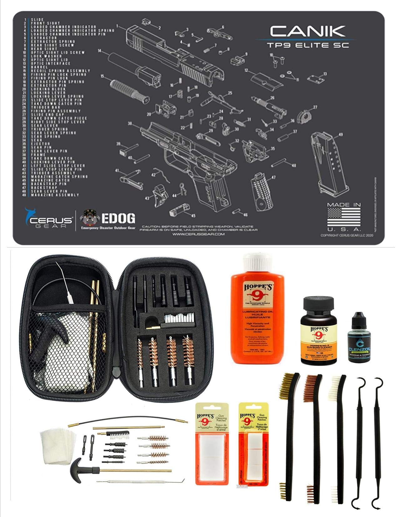 EDOG Range Warrior 27 Pc Gun Cleaning Kit - Compatible with Canik TP9 Elite SC - Schematic (Exploded View) Mat, Range Warrior Universal .22 9mm - .45 Kit & Tac Book Accessories Set