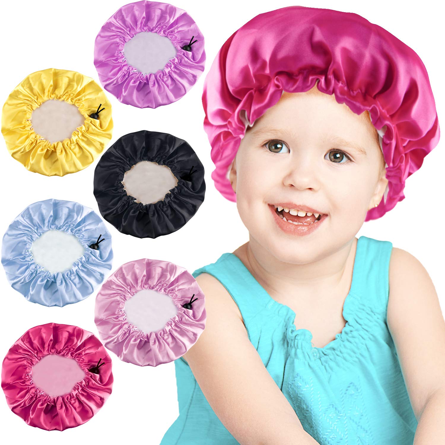 Duufin 6 Pcs Kids Bonnet Toddler Hair Bonnet Satin Sleeping Bonnet Adjustable Sleeping Cap Drawstring Bonnet for Kids Toddlers