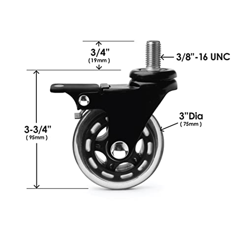 Slipstick CB693 Premium 3 Inch Rubber Caster Wheels with Brake (4 Pack) Replacement Rollerblade Style Swivel Casters with 3/8ββ 16x1β Threaded Stem, Includes Mounting Hardware, Black/Clear Castor