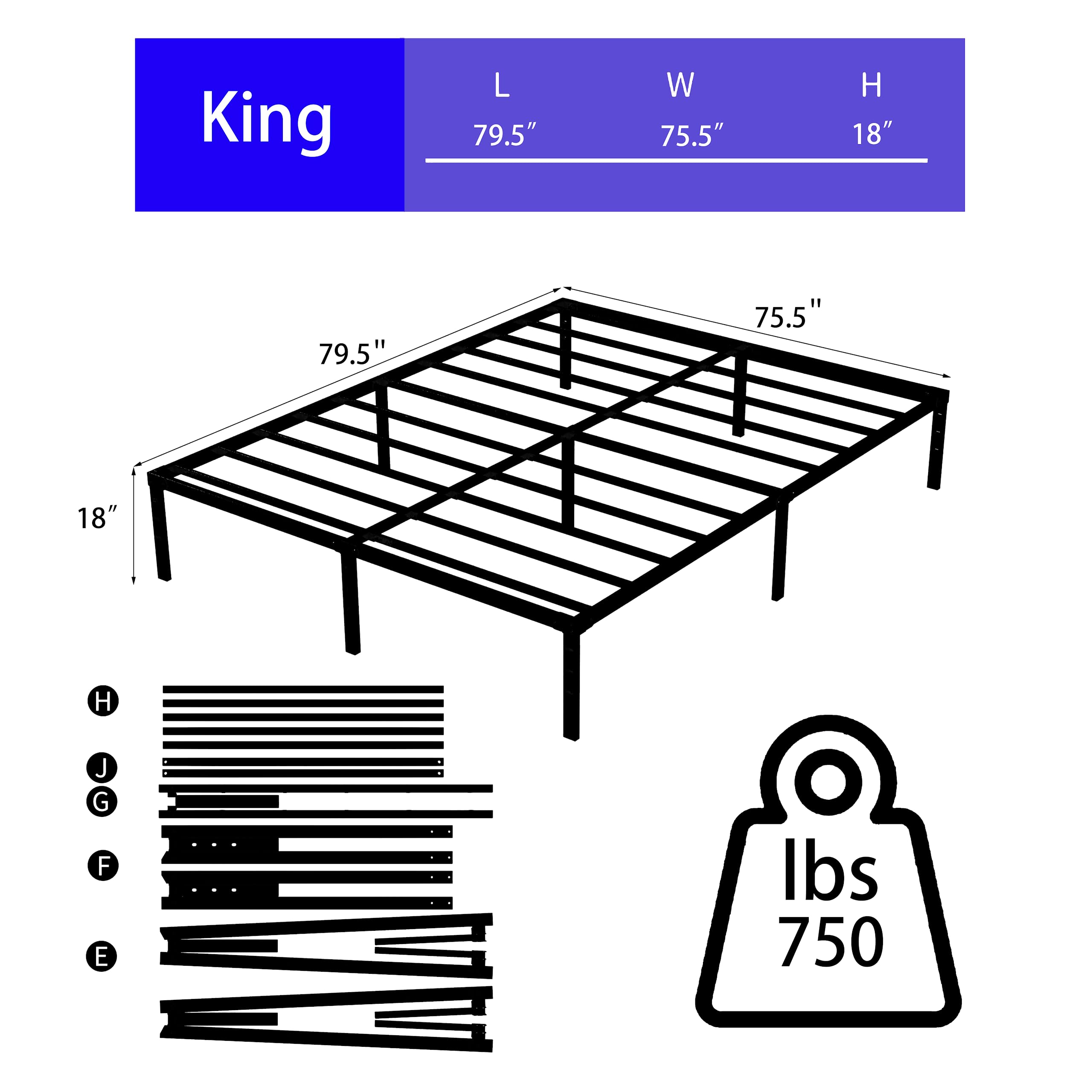 DERYONI 18 inch King Size Bed Frame No Box Spring Needed Heavy Duty Platform King Bed Frame Steel Slat Support 750lbs Easy Assembly Noise Free High Black Bed Frame King Size