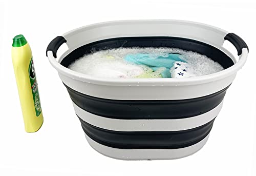SAMMART 23L (6 Gallons) Collapsible Plastic Laundry Basket - Oval Tub/Basket - Foldable Storage Container/Organizer - Portable Washing Tub - Space Saving Laundry Hamper (Grey/Slate Grey)