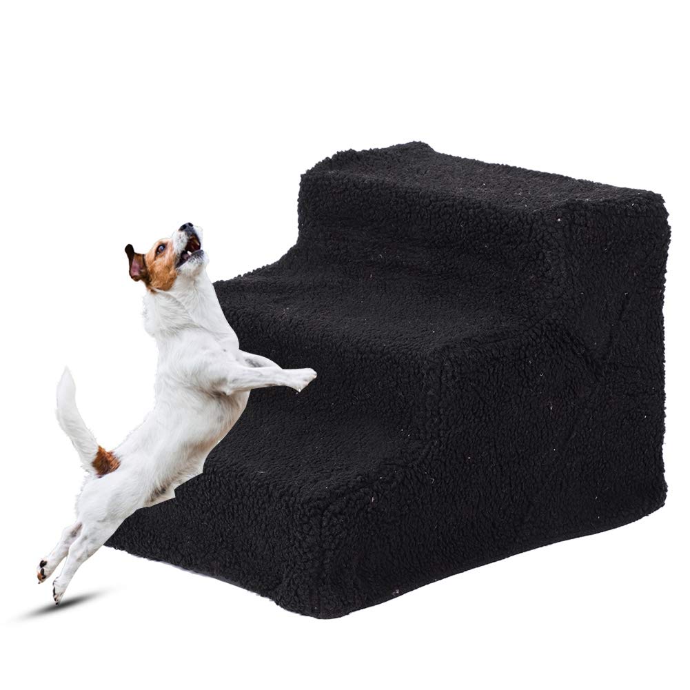 Felenny 3-Steps Easy Pet Stairs for Dog Cat Puppy Ramp Ladder with Removable Cover for High Bed Sofa Car (Black)