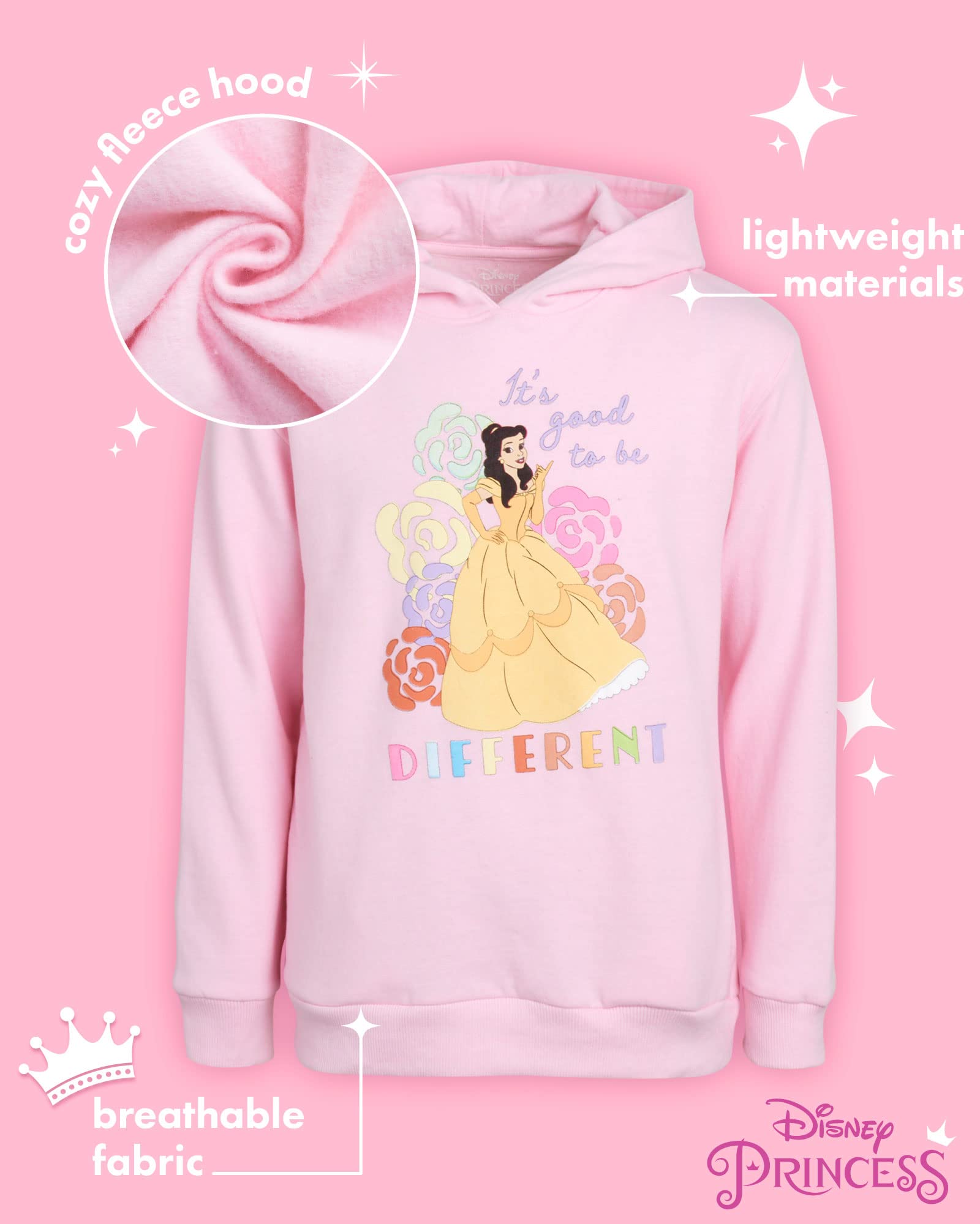 Disney Girls' Princess Sweatshirt β Frozen Elsa Anna, Cinderella, Belle, Moana Pullover Hoodie (2T-7), Size 4T, Belle Pink