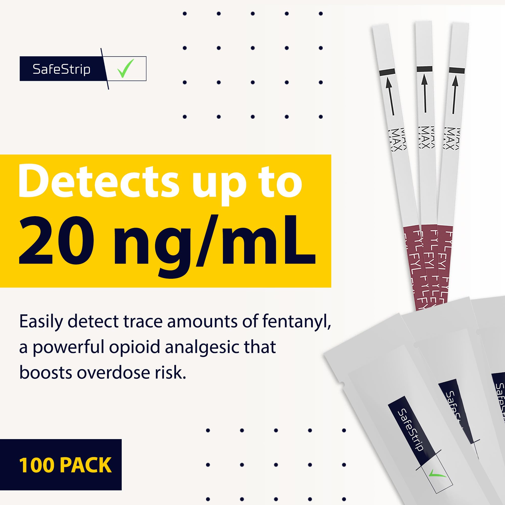 SafeStrip - Fentanyl Test SafeStrip - Fentanyl Test Strips, Quick, Reliable & Easy-to-Use Drug Test Kit for Home Medical Testing on Pills, Powder, Urine & Residue, 100-Pack Test Strips with Scoop