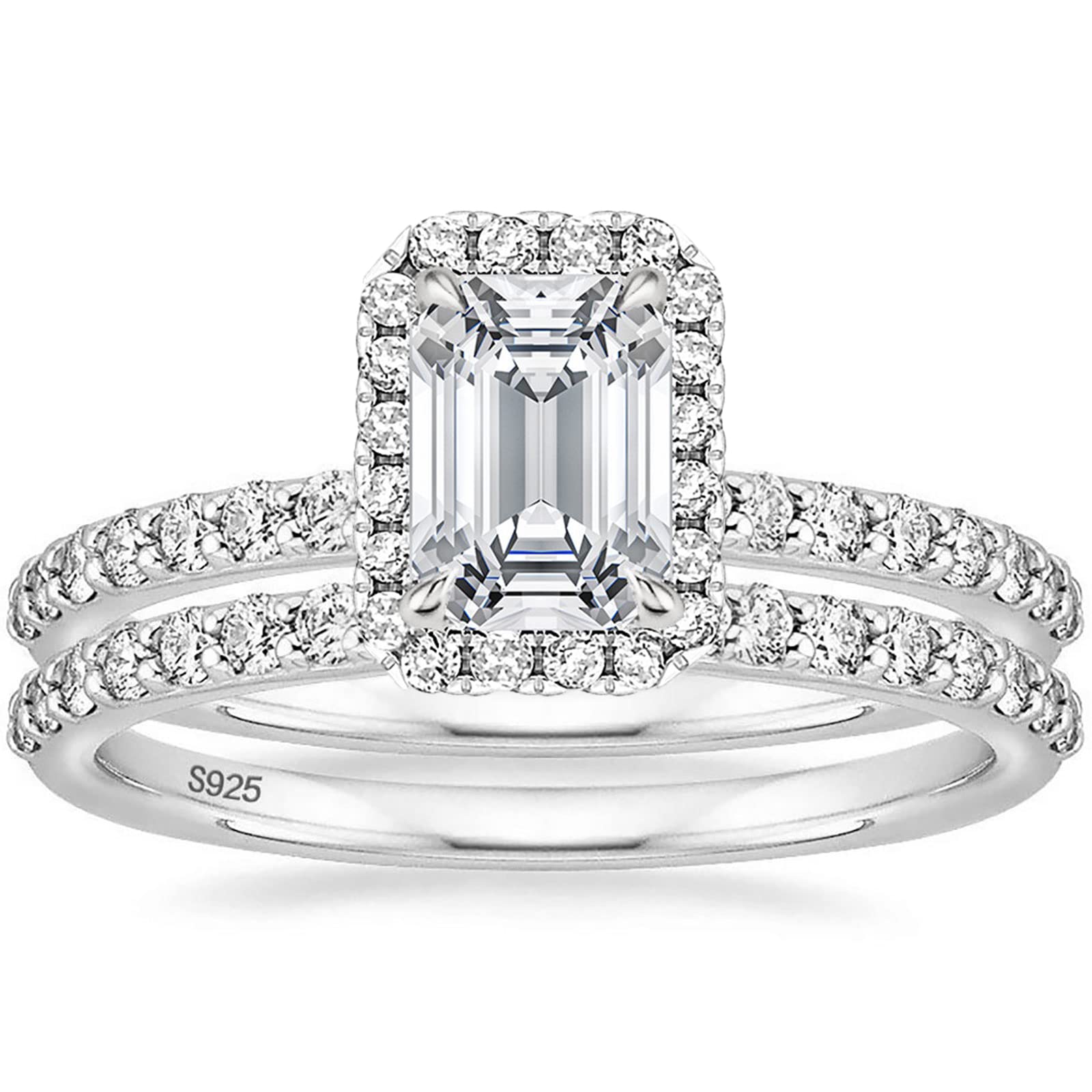 EAMTI 2CT 925 Sterling Silver Bridal Ring Sets Emerald Cut CZ Engagement Rings Vintage Promise Rings Wedding Bands for Women Size 8