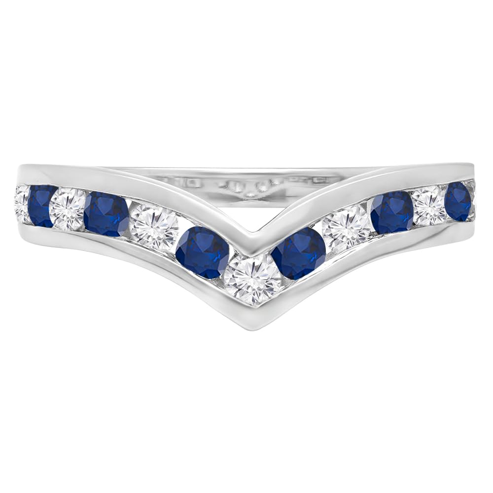Dazzlingrock Collection Alternate Round Blue Sapphire & White Diamond Anniversary Stackable Chevron Band for Women in 14K White Gold, Size 5.5