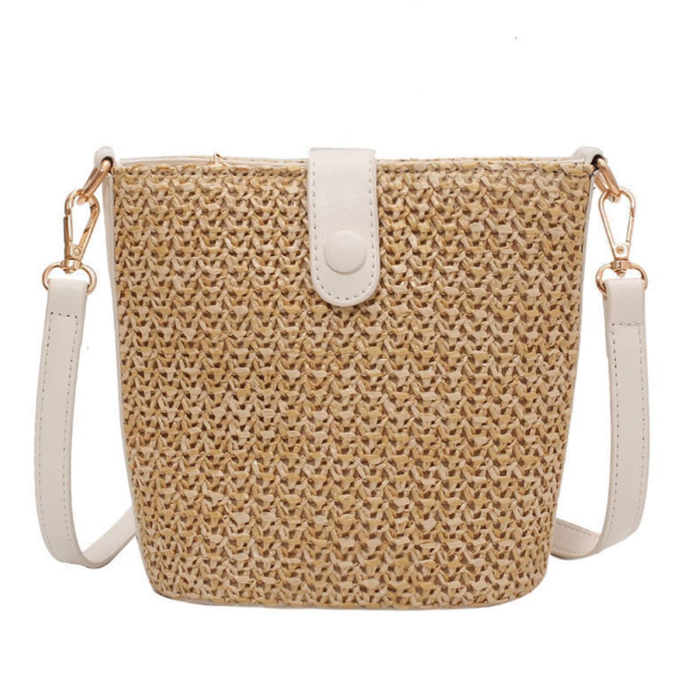 Gogobear Women Small Straw Crossbody Bag Summer Woven Bucket Bag Handmade Purse Clutch Bag for Travel Vacation,White