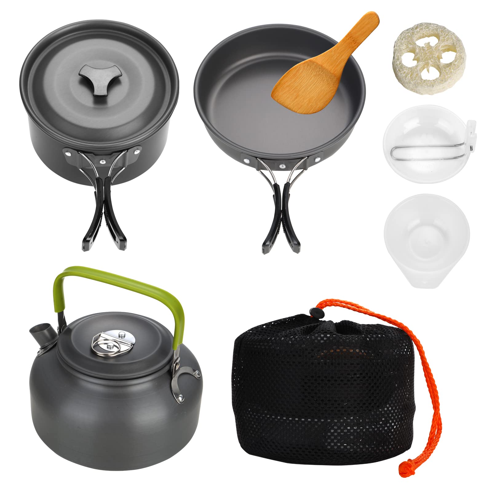 Foldable Lightweight Camping Cookware Set – 9pcs Non-Stick Folding Nesting Kettle Pots and Pans Sets for Campfire with Lid | Backpacker Must Haves Outdoor Tent Campers Aluminum Cooking Gear 1-4 People