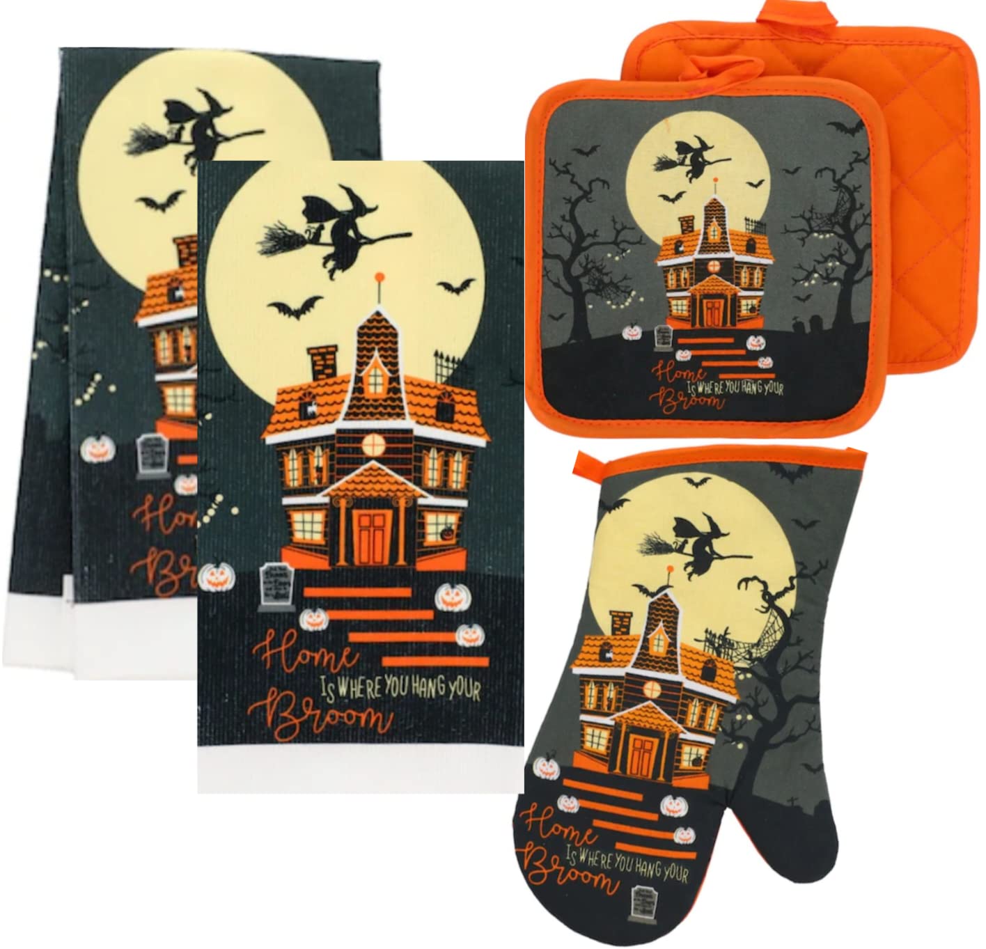 Greenbrier International Halloween 5 Piece Kitchen Linen Set Home is Where You Hang Your Broom, Orange, Black, Yellow, Printed