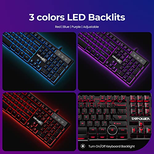 DBPOWER Gaming Office 2-in-1 Keyboard with 3-Color LED backlighting, Ergonomic Waterproof Mechanical Feel Full-Size 104-key Gaming Keyboard, Office Equipment for PC laptops Computer