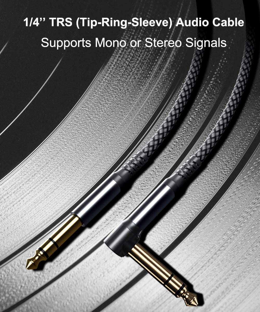 Elebase 1/4 Inch TRS Instrument Cable 10ft 2-Pack,Right-Angled to Straight 6.35mm Male Jack Stereo Audio Cord,6.35 Balanced Interconnect Line for Electric Guitar,Bass,Keyboard,Mixer,Amplifier,Speaker
