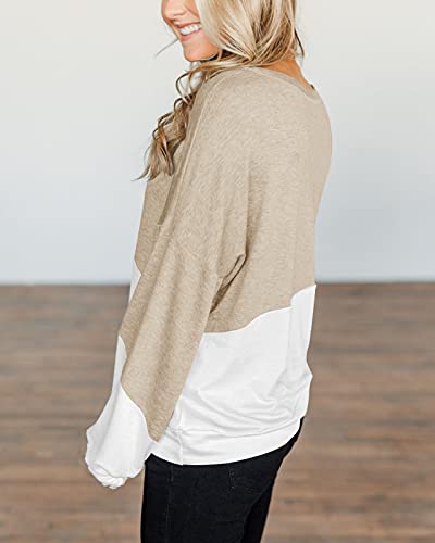 Dbtanjy Womens Casual Sweatshirt Relaxed Pullover - Long Sleeve Color Block Tops Loose Fitting Crew Neck Shirts(Z-Beige,Small,Small)