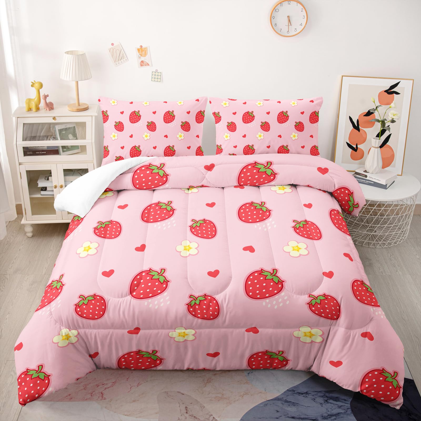 Nttopship Cute Strawberry Comforter SetsïŒBedding Sets Full Size for Kids,Cute Strawberries and Flowers Comforter Sets All Season 1 Comforter and 2 Pillowcases