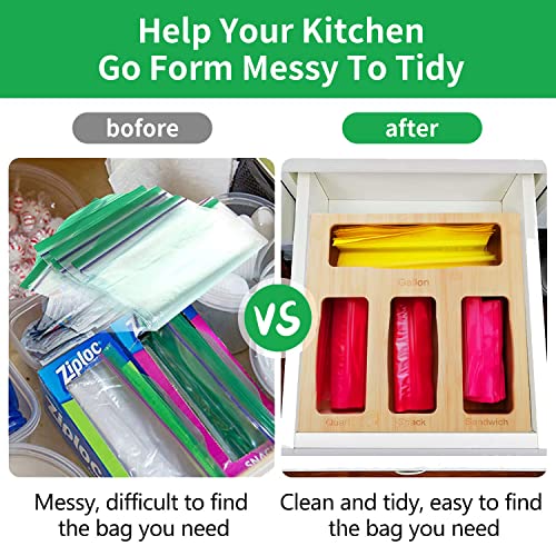 Ziplock Bag Storage Organizer, Premium Bamboo Kitchen Food Baggie Dispenser Box for Drawer, Compatible with Most Brands Gallon Bag, Quart Bag, Sandwich Bag, Snack Bag(1Box 4 Slots)