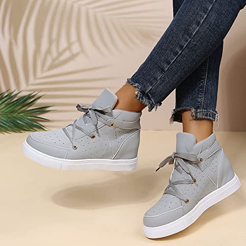 FASDNENDYS Ladies Fashion Solid Color Leather Surface Breathable High Top Lace Up Flat Casual Dotted Shoes Grey