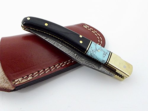 Made in Ancient Persian Indus Valley Damascus Knives Laguiole Style Pocket Knife Ram Horn & Turquoise Handle With Leather Sheath