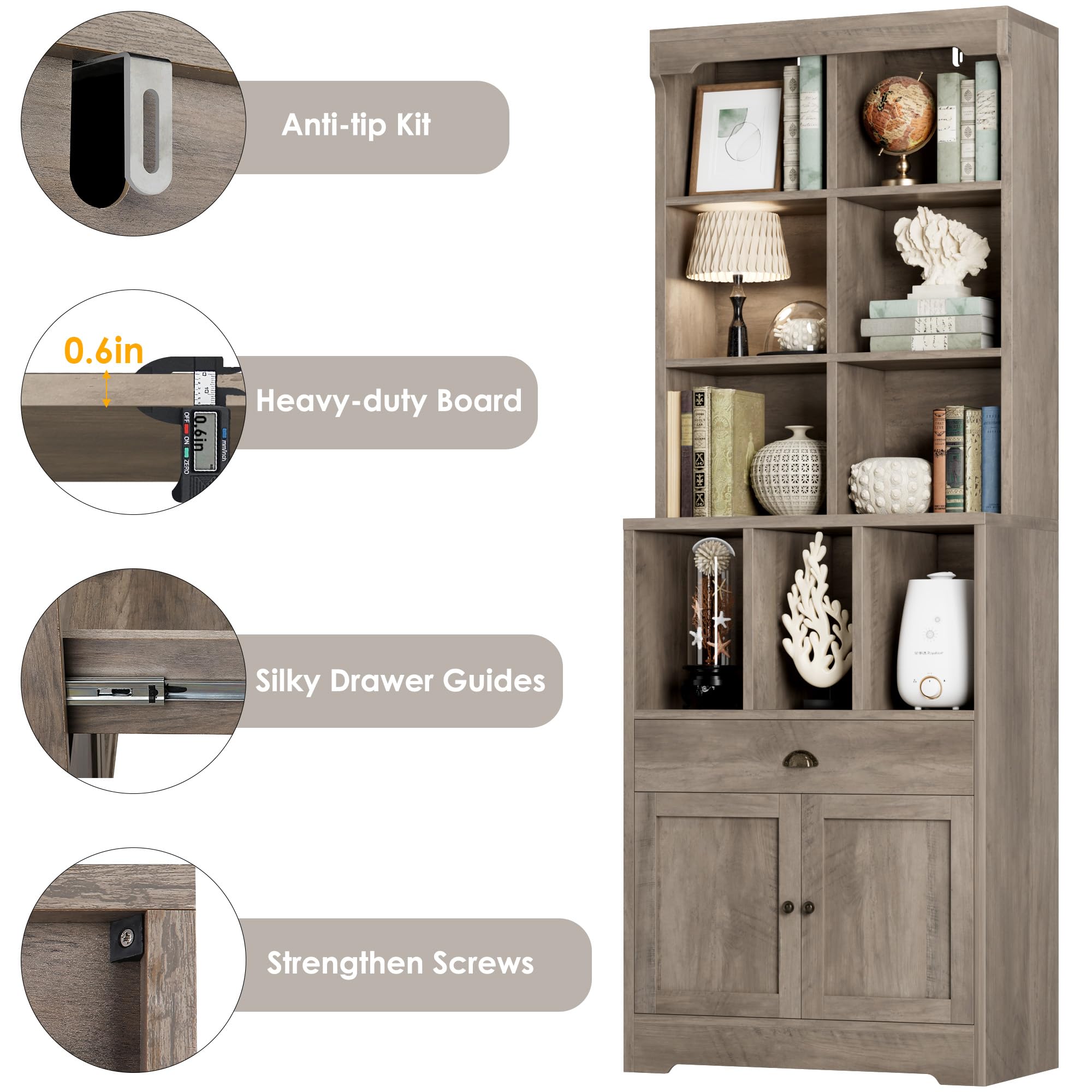 Keyluv 80β Tall Bookcase with Drawer and Doors, Grey Bookshelf with Adjustable Cabinet, Deep Book Shelf Case with Storage and 9 Open Cubes for Living Room/Home Office, Wood Gray Wash