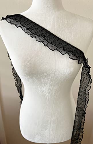 PEPPERLONELY 1 Yard 2-Layer Polka Dot Pleated Tulle Lace Chiffon Fabric Ribbon Fringe Elastic Ruffle Trim Dress Collar Cuffs DIY Sewing Material, 2 Inches Width, Black