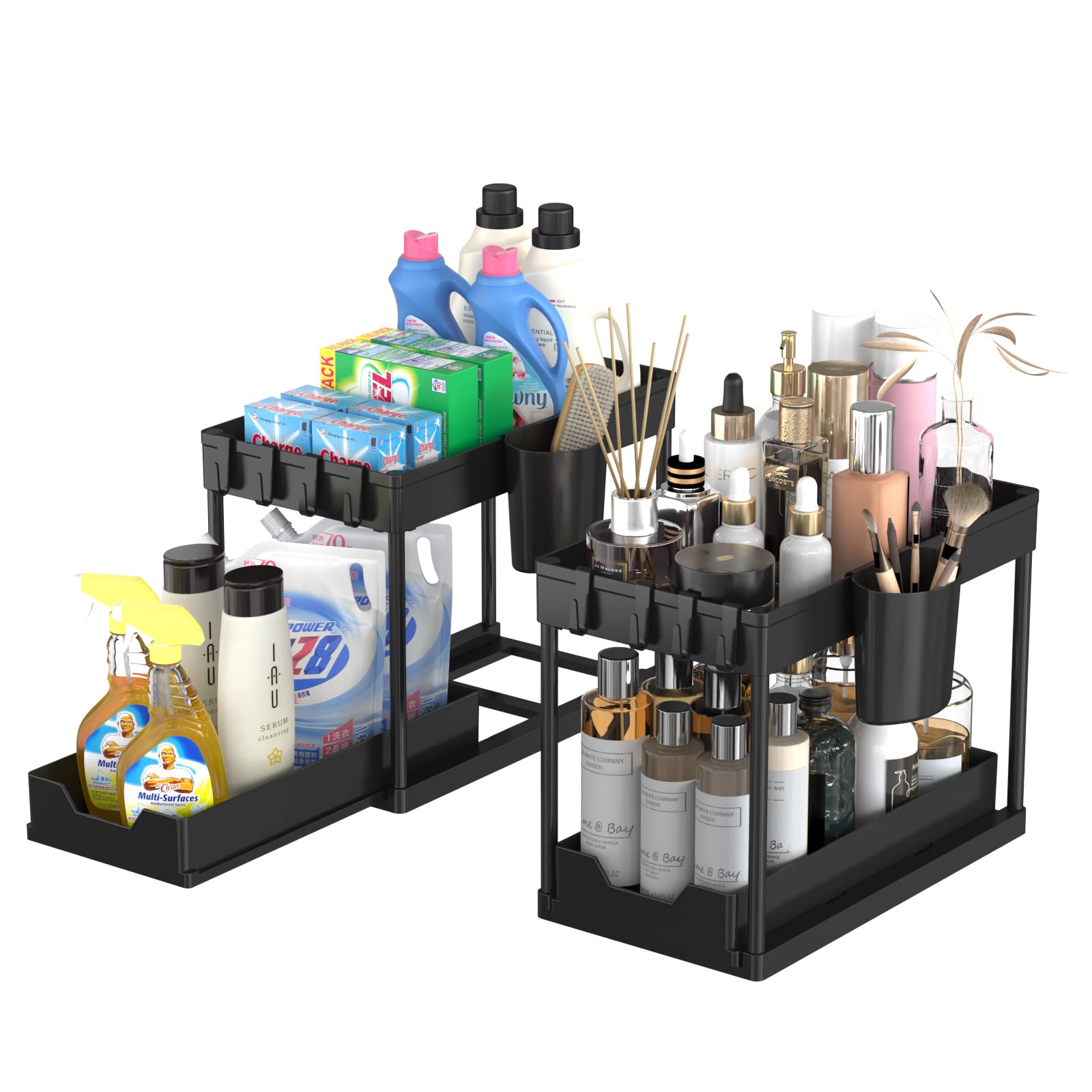 FENENIK 2 Tiers Under Sink Organizer, Bathroom Cabinet Storage Drawer Organizer with Sliding Shelf, Multi-purpose Kitchen Sink Organizer with 4 hooks and Hanging cup for Narrow Spaces