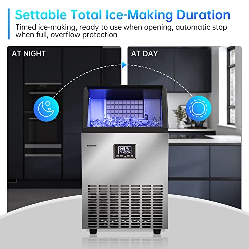 RESTISLAND Commercial Ice Maker Machine, 100 lbs /24 h, 33 lbs Storage Bin, Stainless Steel, Compact, Embedded, Self-Cleaning, Perfect for Home/Office/Shop/Cafe, Includes Ice Scoop, Connection Hose