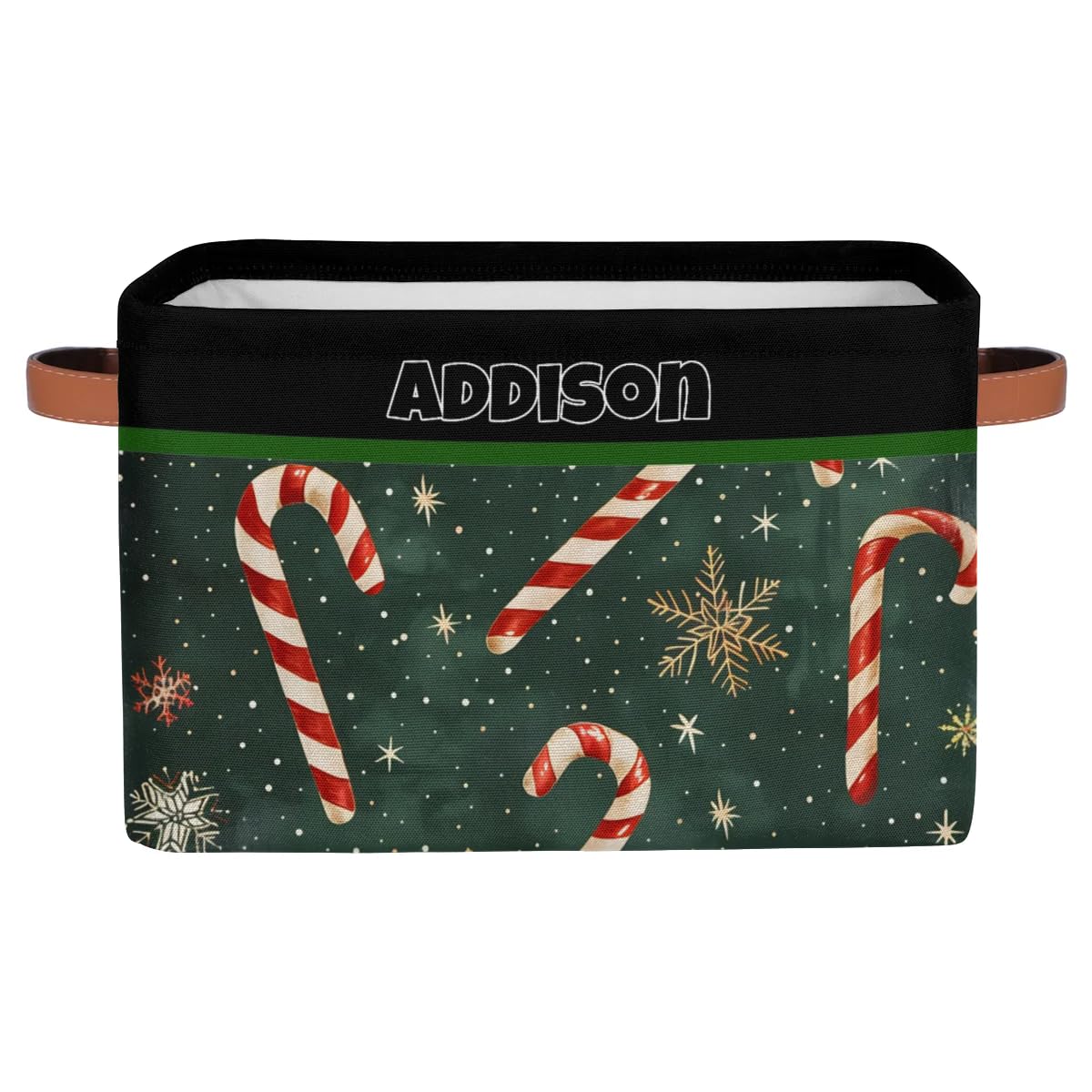 KFNHN Personalized Storage Bins, Customized Name Storage Basket Rectangle Clothes Organizer for Organizing Kids and Pets Toys Shelf Closet, Merry Christmas Green Candy Cane Snowflake