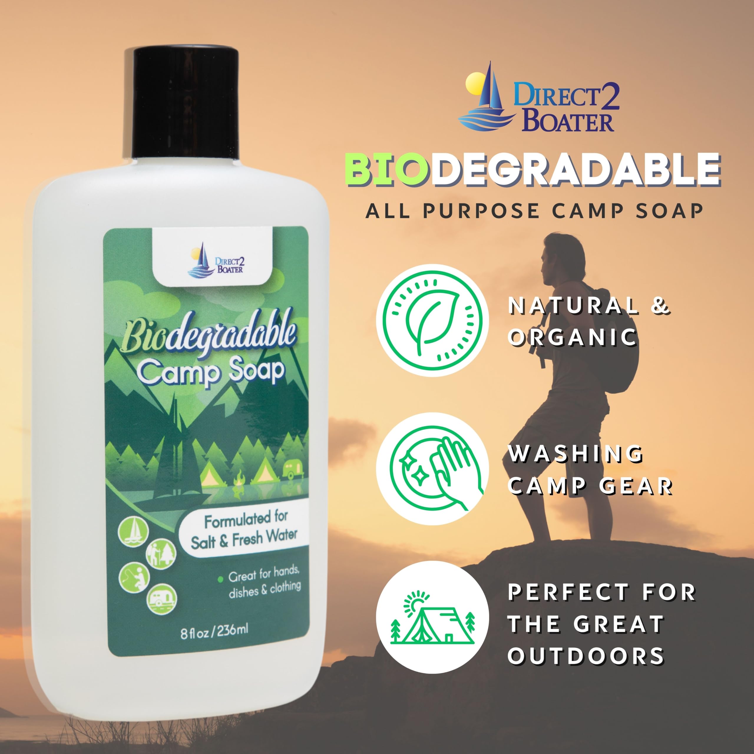 Direct 2 Boater Biodegradable Travel Camp Soap 8 Ounce (2 Pack) Portable Backpacking Soap with No Dies or Fragrances - Camping Clothe Cleaner - Camping Cookware Soap